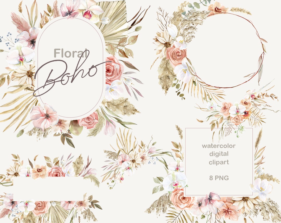 Watercolor Boho Flower Wreaths and Frames. Floral and Pampass Clipart ...
