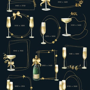 Watercolor Champagne Clipart, Gold Line and Champagne Glass PNG. Gold ...