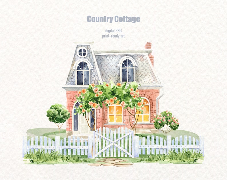 Summer Cottage Clipart Watercolor Farmhouse Buildings - Etsy
