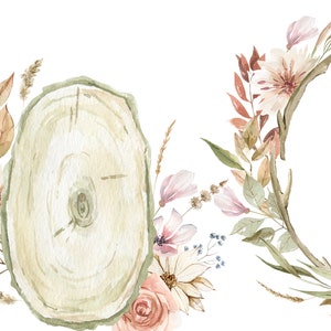 Woodslices Watercolor Clipart, Wooden and Floral Frame. Boho Wood Slice ...