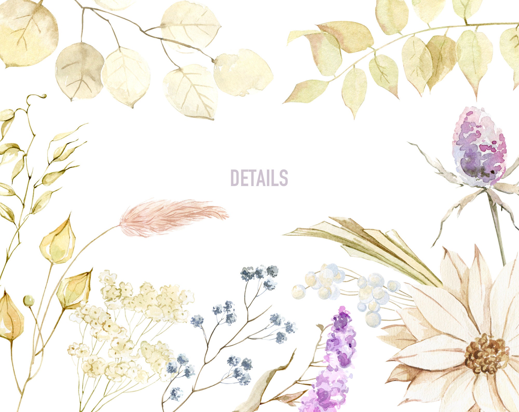 Dried Boho Florals Clipart. Watercolor Bohemian Flowers and - Etsy