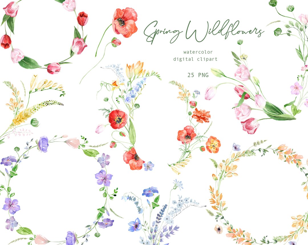 Watercolor Floral Digital Border Frames, Wreaths and Bouquets. Spring ...
