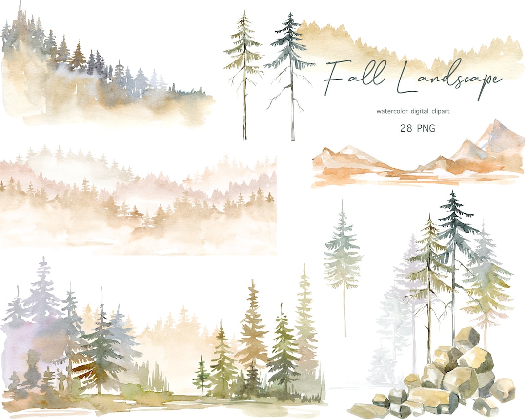 Watercolor Fall Mountain Clipart, Mountain Landscape, Watercolor Forest ...