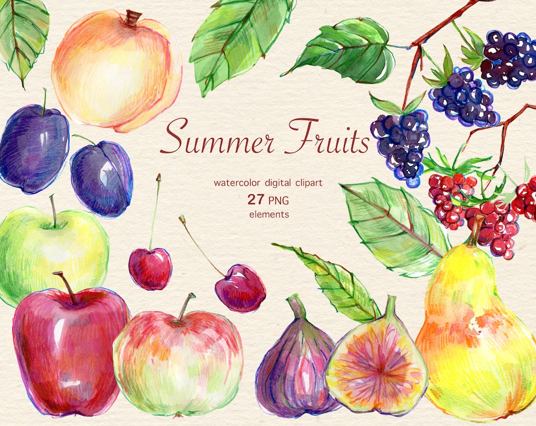 Watercolor Summer Fruit Clipart. Vegan Healthy Food Clipart. Hand Drawn ...