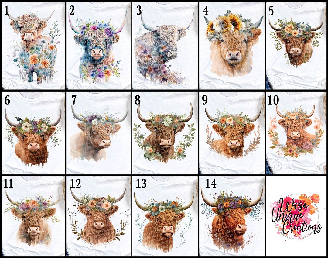 Fancy Floral Highland Cow DTF Transfer Ready for Press DTF Image ...