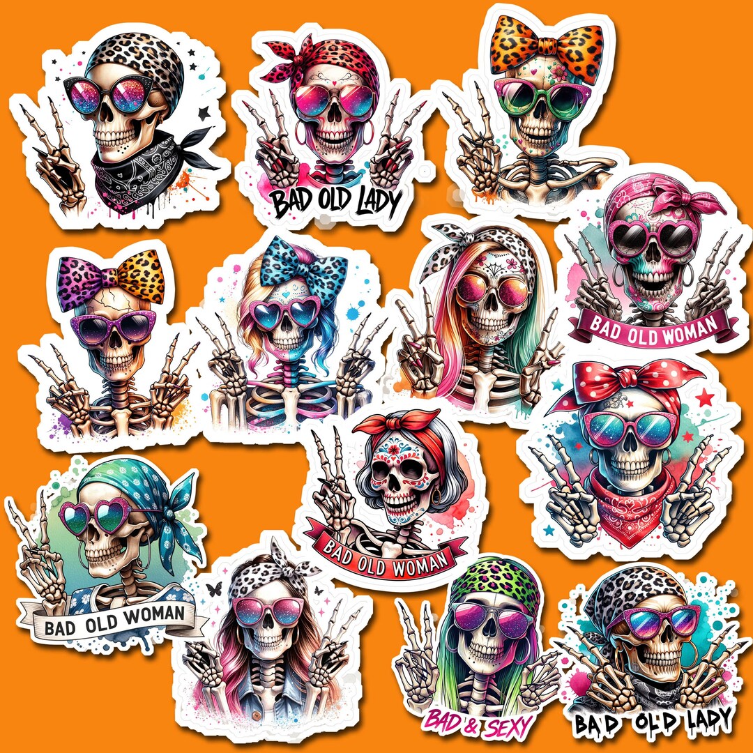 13 Edgy Hipster Female Skulls Vinyl Stickers Choice of Holographic Gems ...