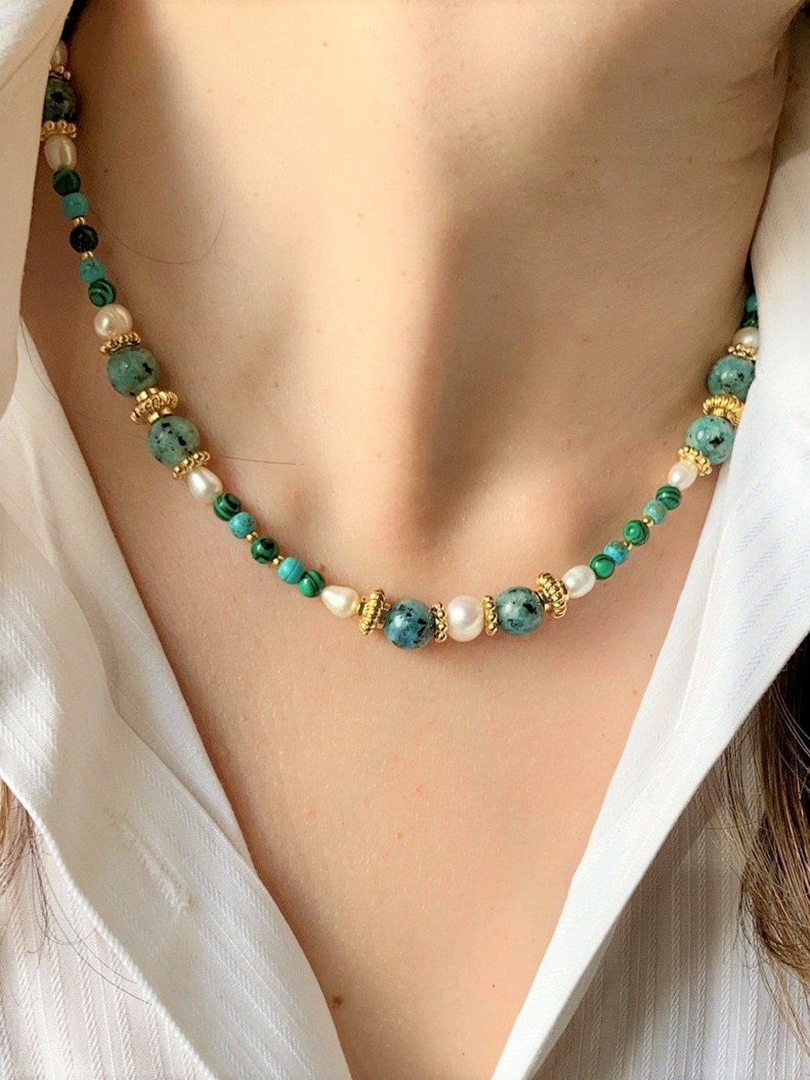 Turquoise & Malachite Necklacedainty Green Necklaceturquoise - Etsy