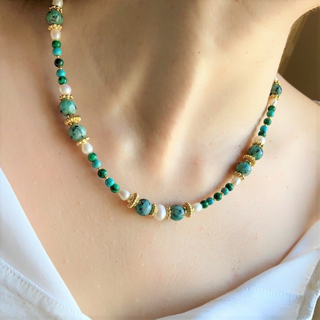 Turquoise & Malachite Necklacedainty Green Necklaceturquoise - Etsy