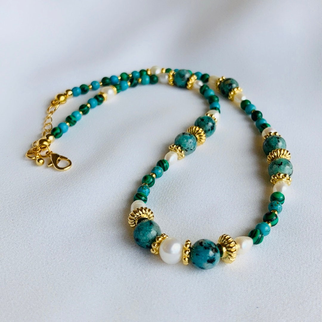 Turquoise & Malachite Necklacedainty Green Necklaceturquoise - Etsy