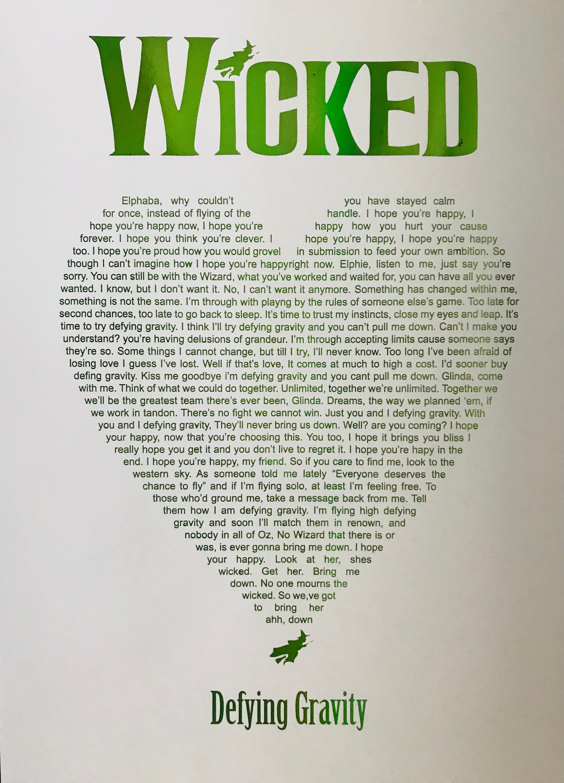 Real Foil Wicked Musical Lyric Print / Wicked / Wicked the Musical ...