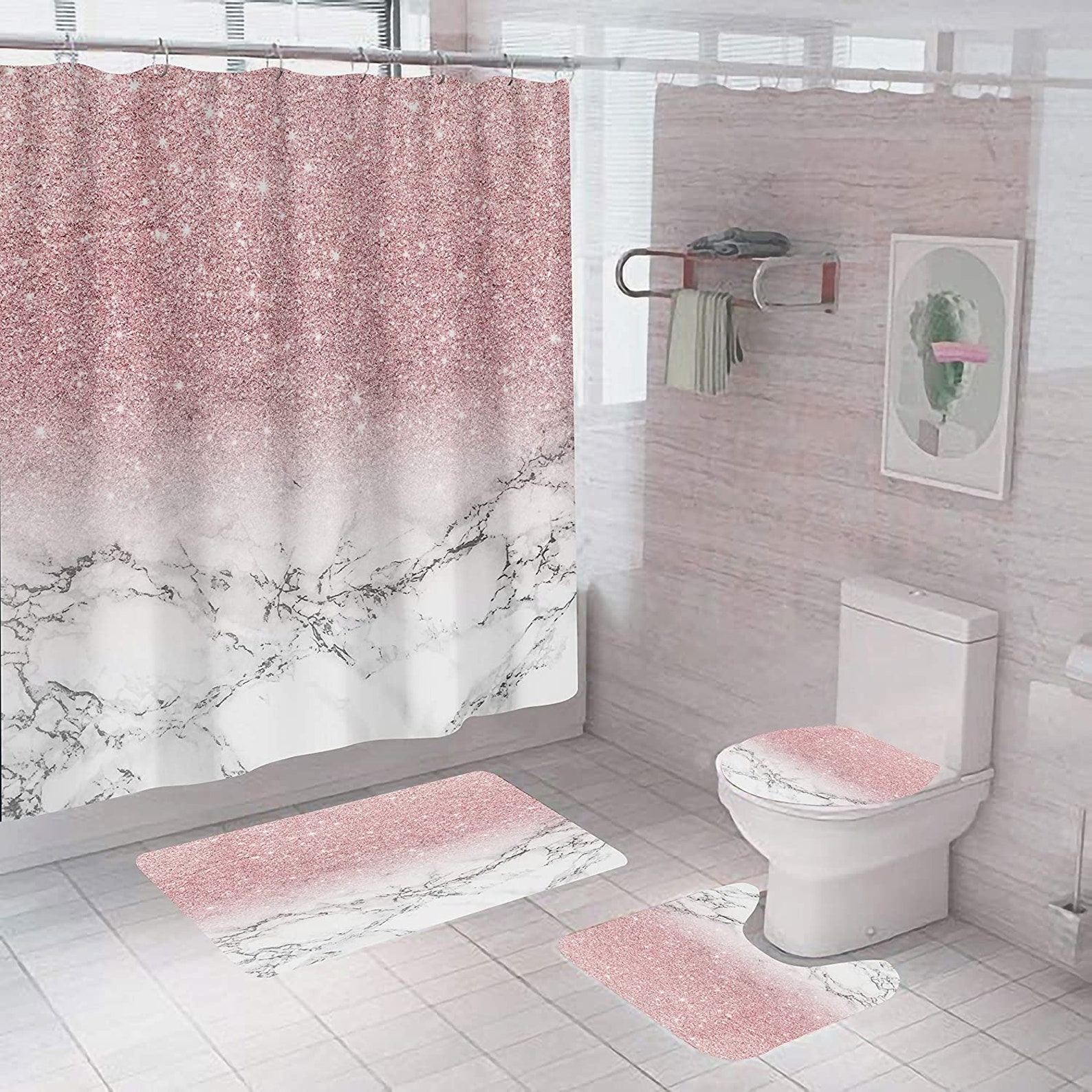 Flash Pink Marble Shower Curtain Sets With Non Slip Rug Etsy