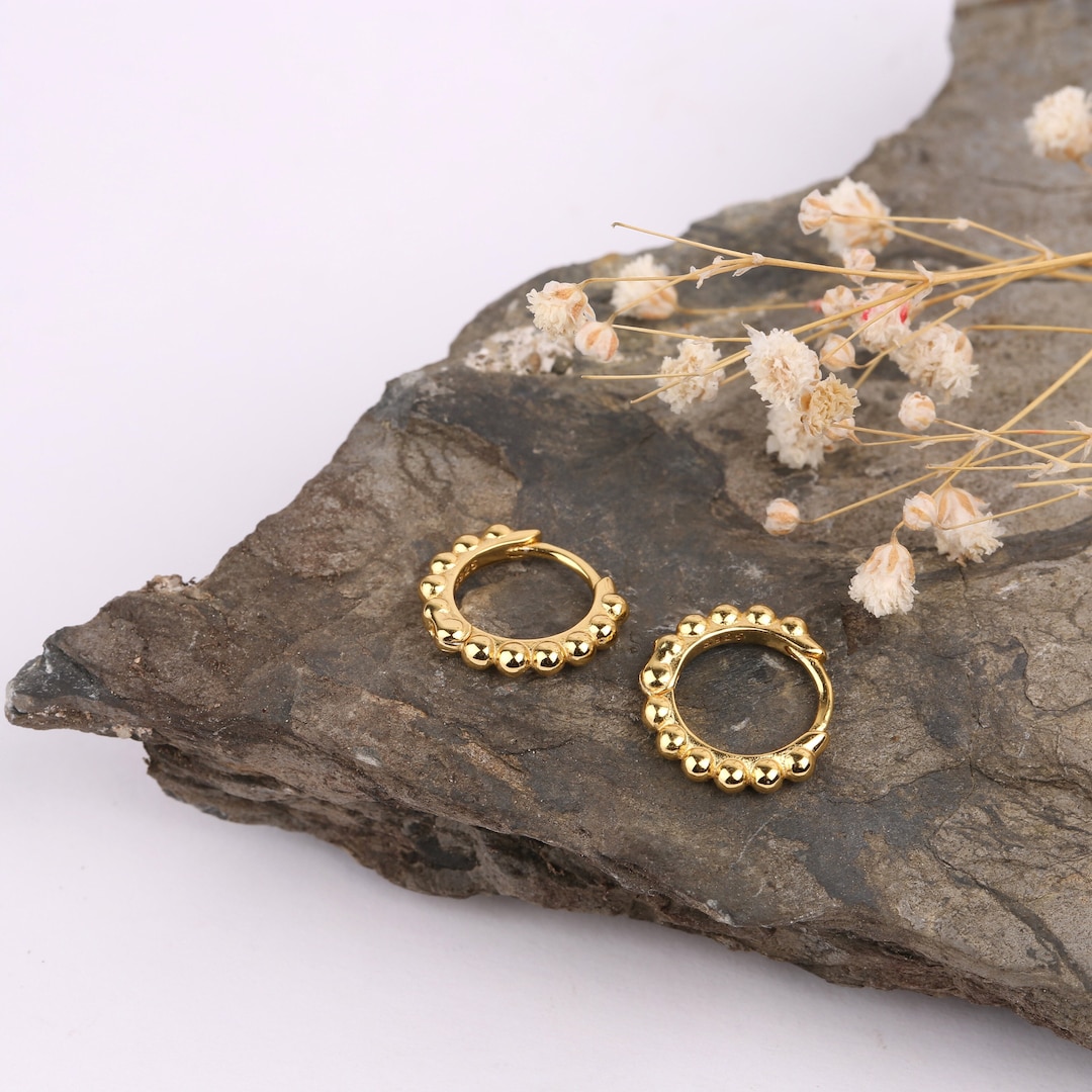 Dainty Gold Beaded Huggie Hoop Earrings, Sterling Silver Tiny Bead Hoop Earrings, Small Hoop ...