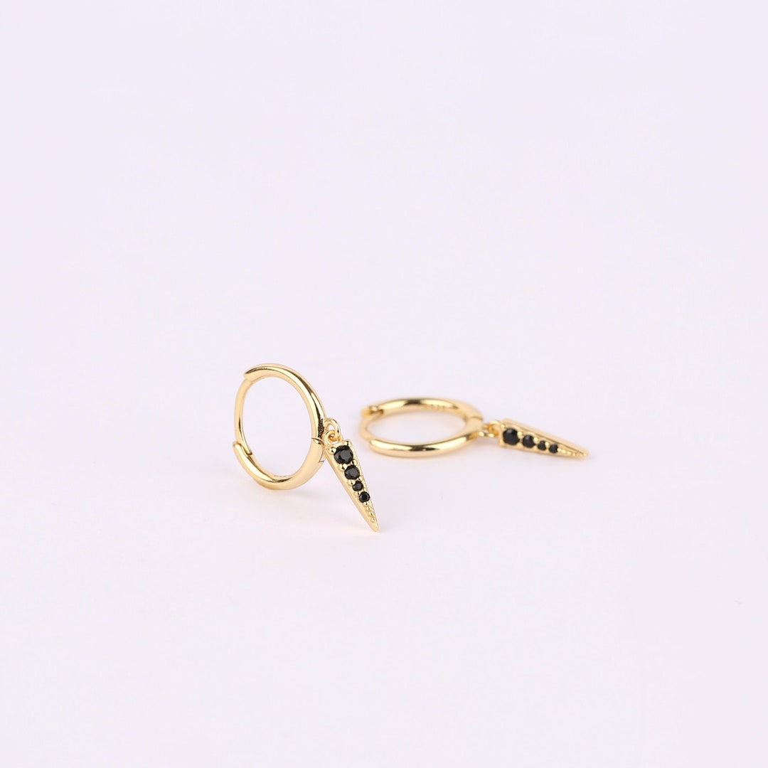 Black Stone Spike Hoop Earrings, 925 Sterling Silver Tiny Spike Dangle Hoop Earrings, Gold ...