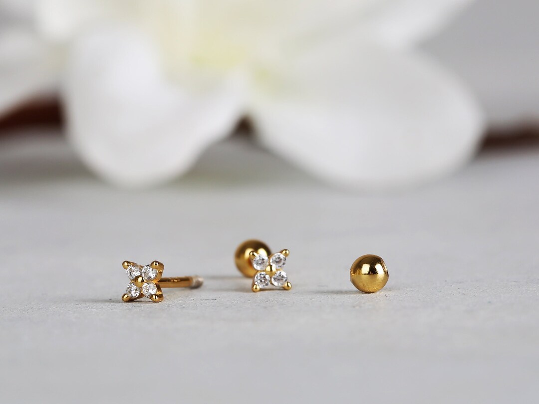 Tiny 20G Flower Shape Stud Earring With Screw Ball Backing, Sterling ...