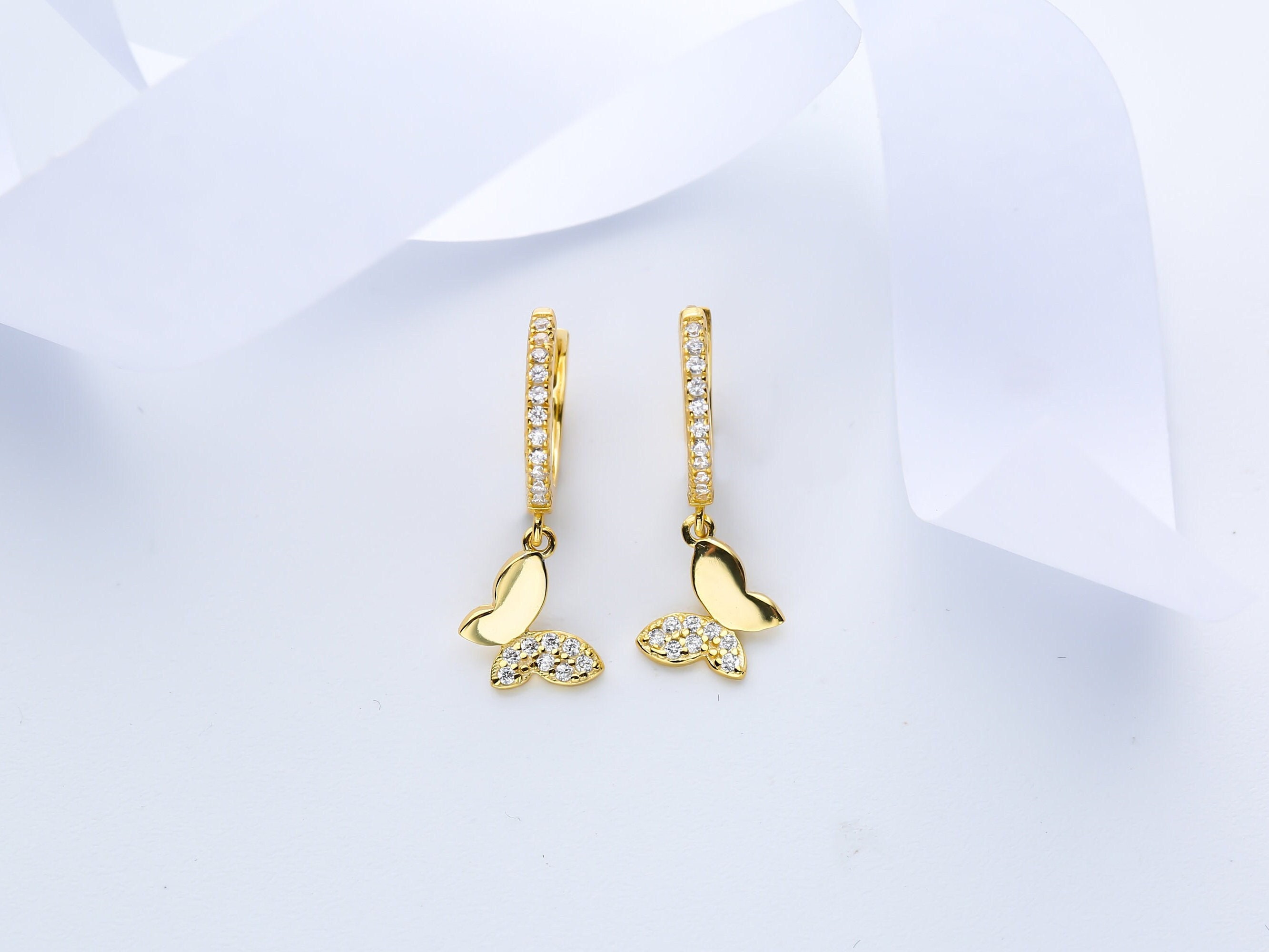 Gold Butterfly Dangle Hoop Earrings Tiny Sterling Silver Hoop Earrings with Dangling Butterfly Charm Dangly Pave Butterfly Charm Earrings Etsy