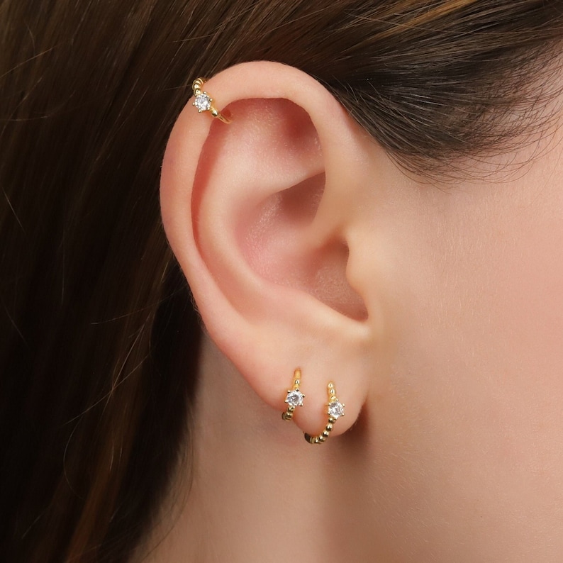 Tiny CZ Diamond Huggie Hoop Earrings, Sterling Silver Beaded Small Hoop ...