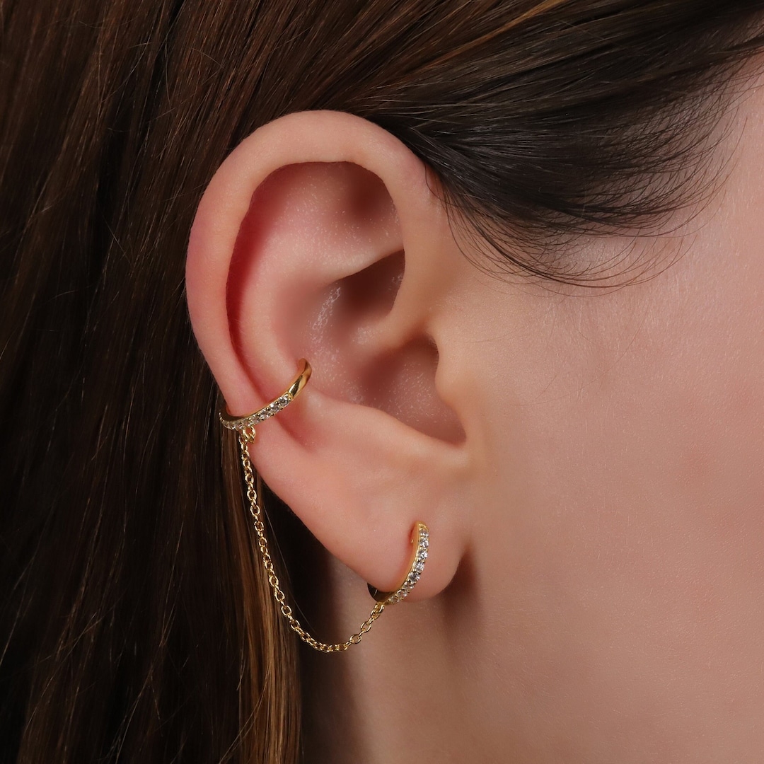 Gold Huggie and Cuff Diamond CZ Earring With Chain, Silver Dangle Chain ...