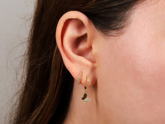 Gold Butterfly Dangle Hoop Earrings Tiny Sterling Silver Hoop Earrings with Dangling Butterfly Charm Dangly Pave Butterfly Charm Earrings Etsy