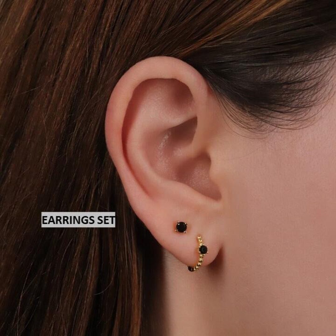 Set of Black Diamond Huggie Hoop & Stud Earrings, Gold CZ Flat Back ...