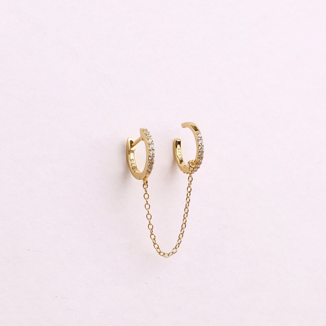 Diamond Huggie Chain Earrings: Sterling Silver Pave Hoops - Etsy