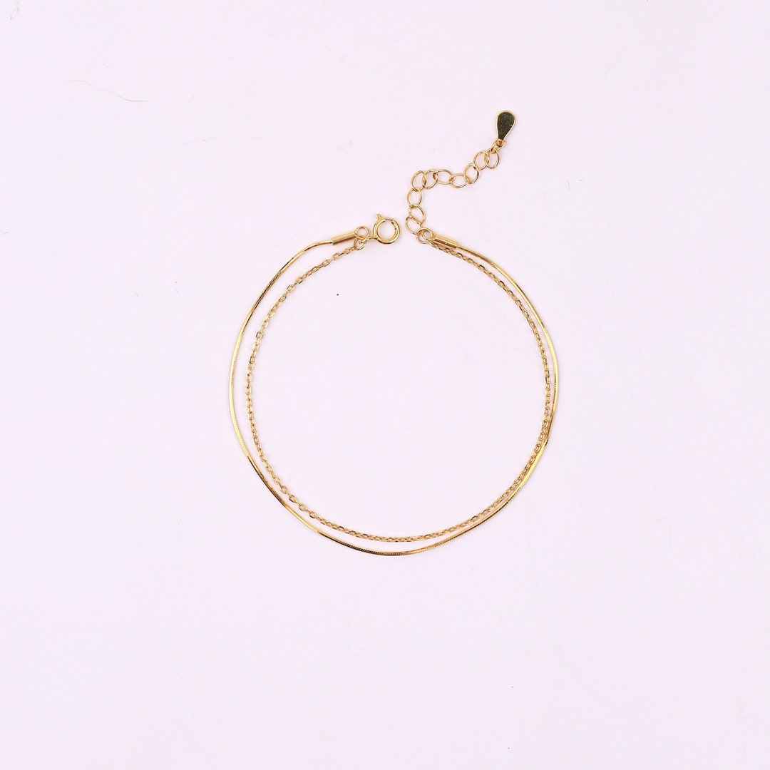 Double Layered Thin Snake Chain Bracelet, 925 Sterling Silver Double ...
