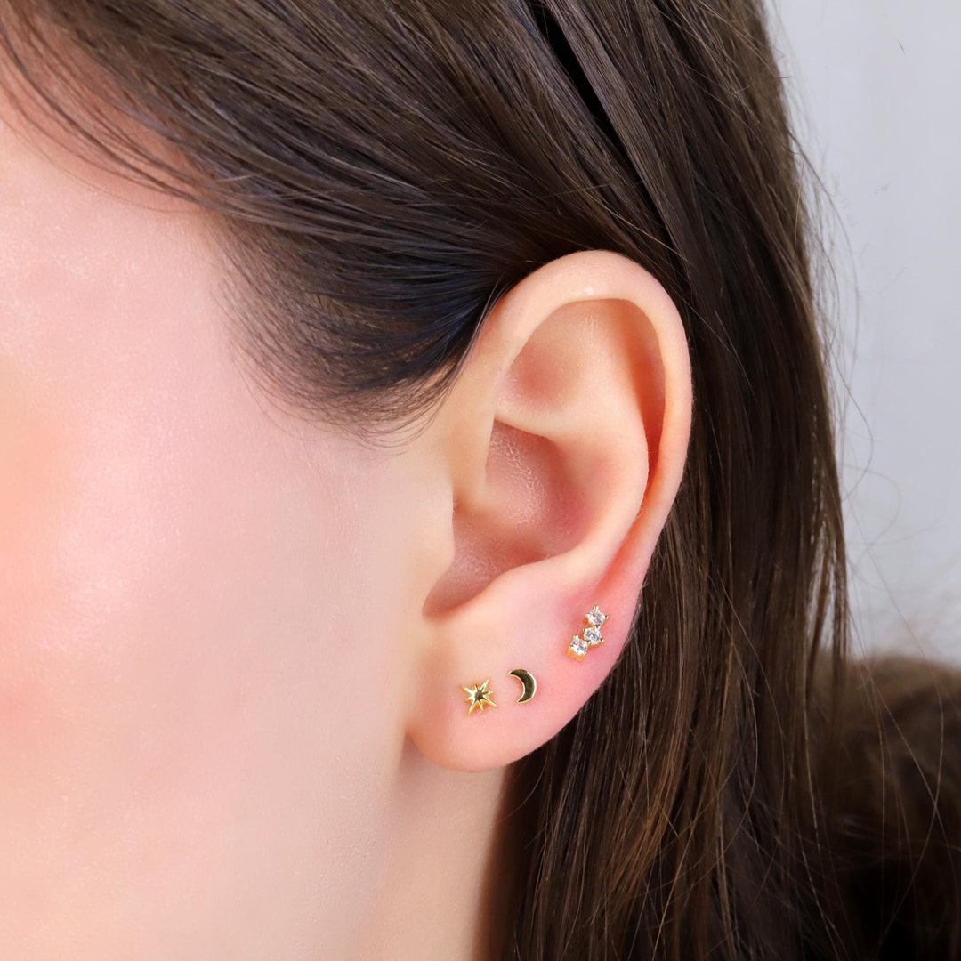 18G Tiny Moon Star Threadless Push Pin Labret Stud Earrings Set, 925 ...