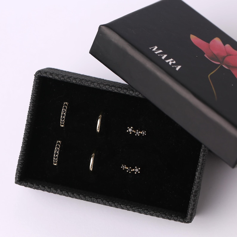 Black CZ Gold Curated Earring Set, Sterling Silver Black Stone Huggie ...