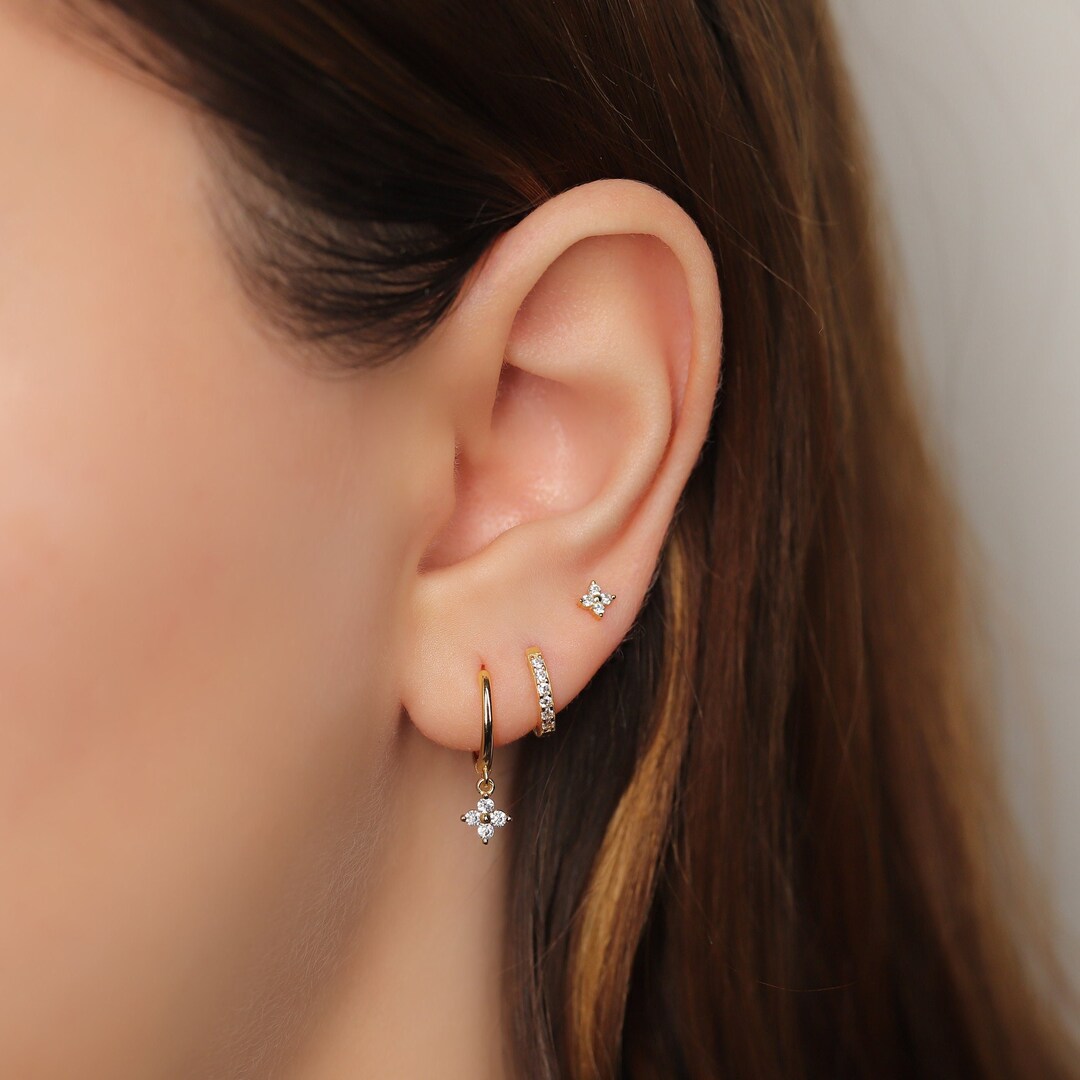 Flower Charm Hoop Earrings Set for Multiple Piercings, Gold Pave Hoop ...