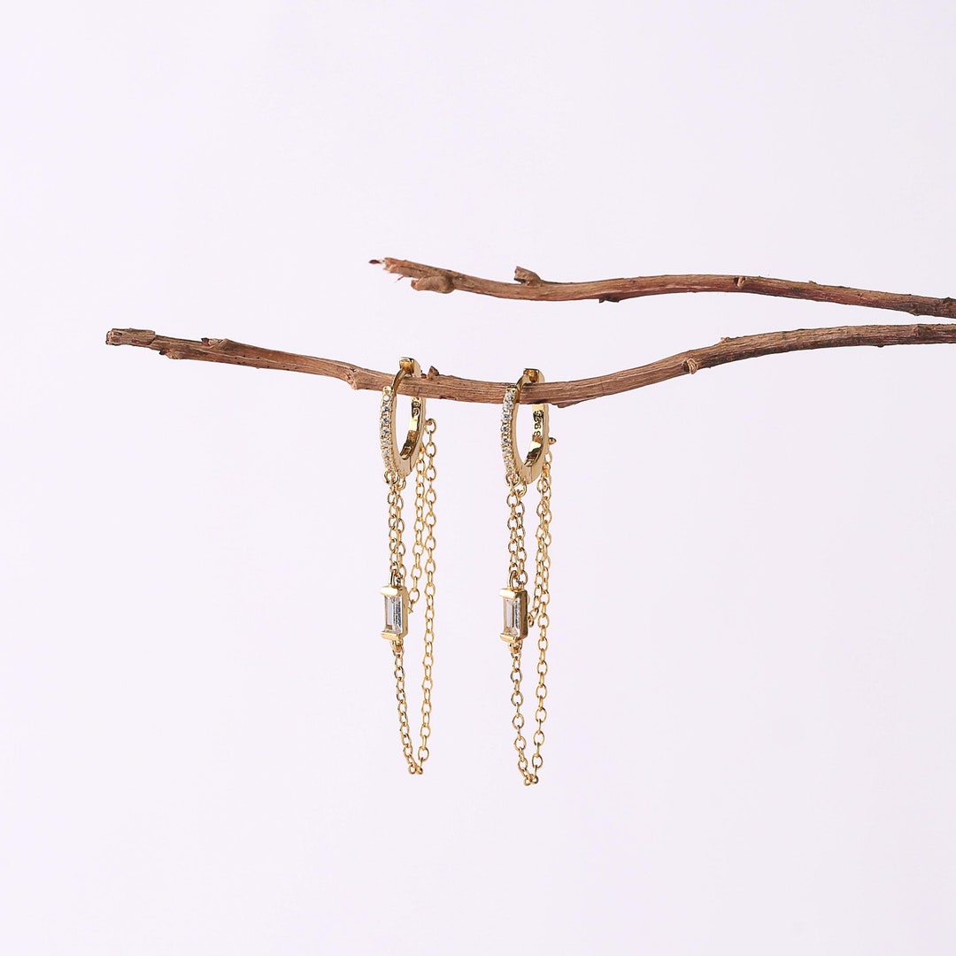 Sterling Silver Baguette CZ Huggie Drop Hoop Earrings With Long Chain ...