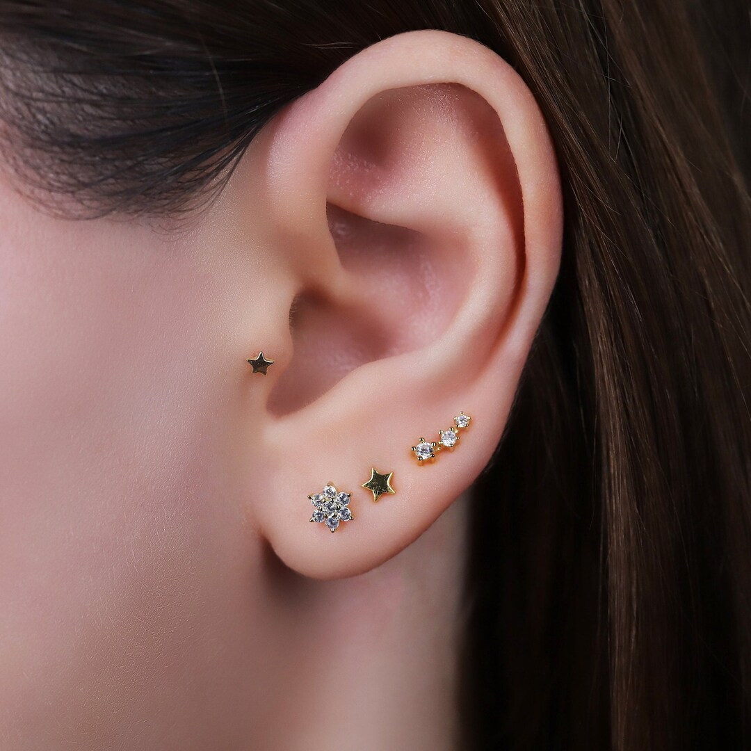 Tiny Flower Star Stud Earrings Set, Sterling Silver Stud Earrings Set ...