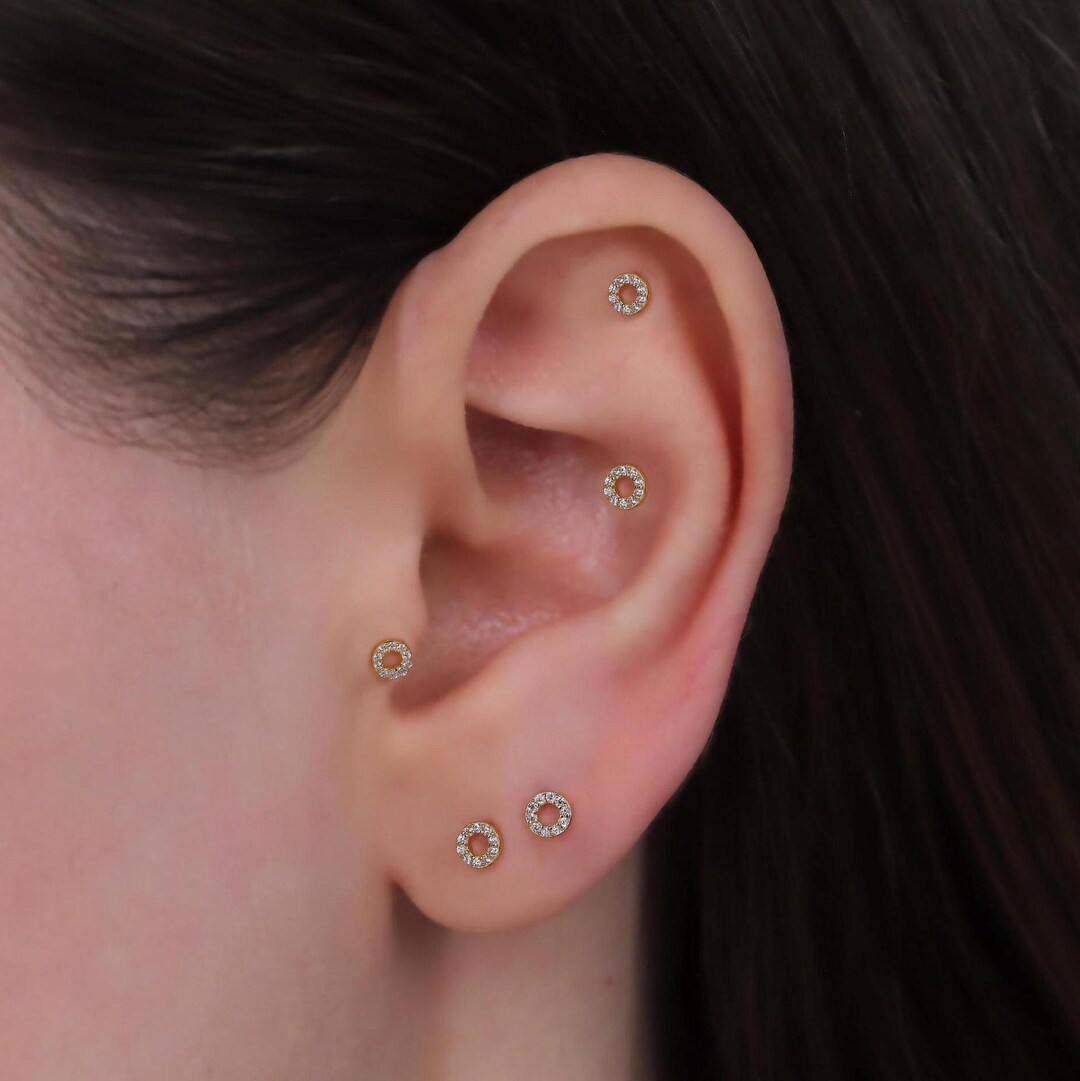 18G Open Circle Pave Threadless Push Pin Labret Stud, Sterling Silver ...
