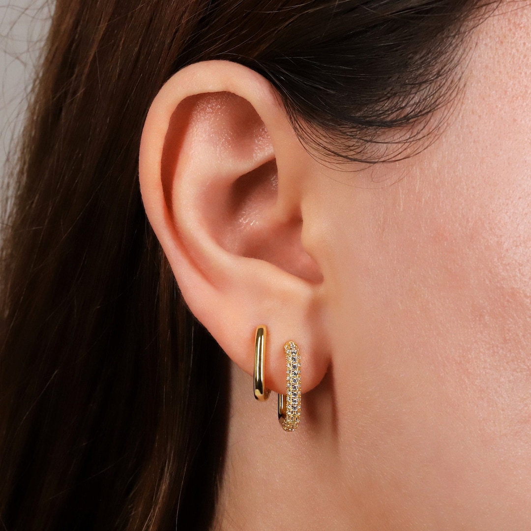 Dainty Gold Link Huggie Hoop Earrings Set, Sterling Silver Rectangle ...