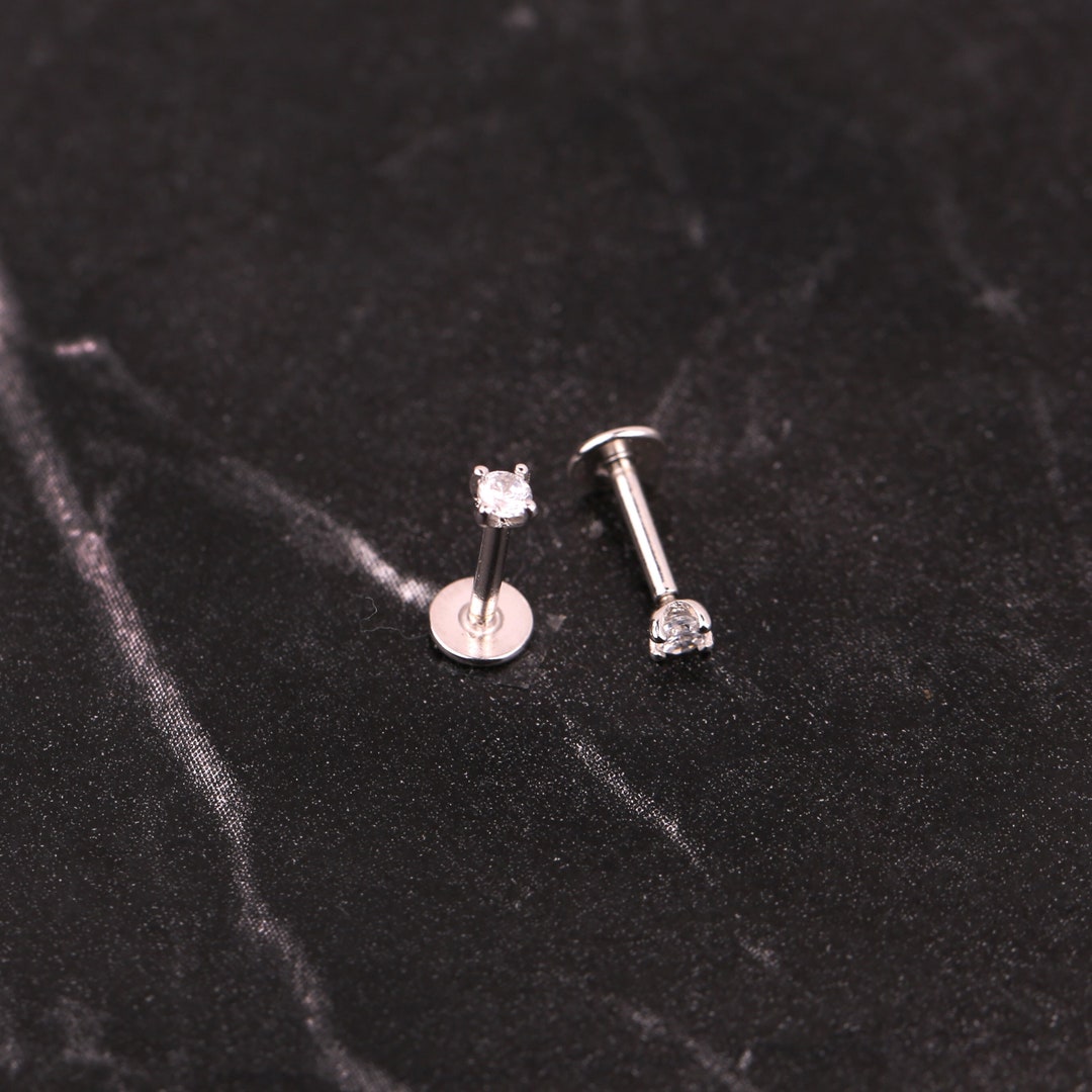 925 Sterling Silver Threadless Push Pin Labret Stud, 18G Tiny Diamond ...