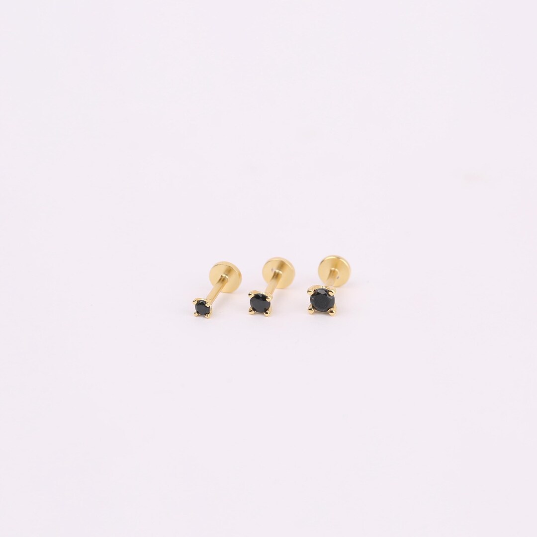 18G Tiny Black Stone Threadless Push Pin Labret Stud, 925 Sterling ...