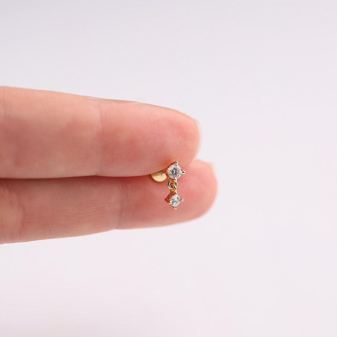 18G CZ Dangle Threadless Push Pin Labret Stud Earring, Sterling Silver Dangling Diamond Flat ...