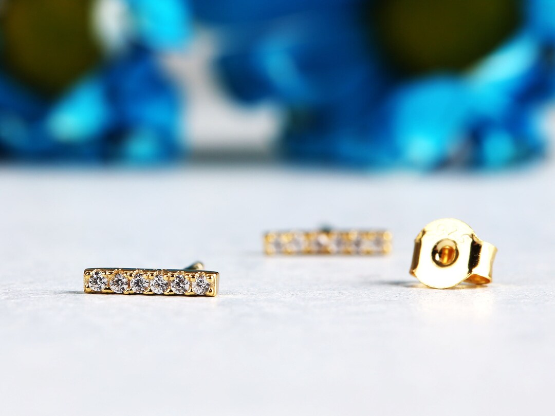 Tiny Diamond Bar Stud Earrings, Gold CZ Bar Stud Earrings, Sterling Silver Petite Pave Bar Stud ...