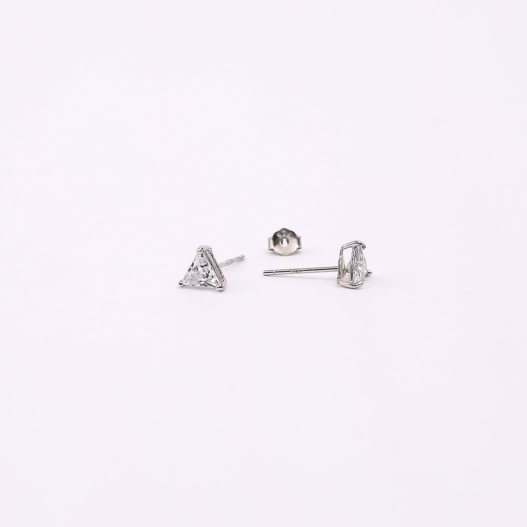 Tiny Triangle Diamond Stud Earrings, Sterling Silver Triangular Zirconia Stud Earrings, Dainty ...