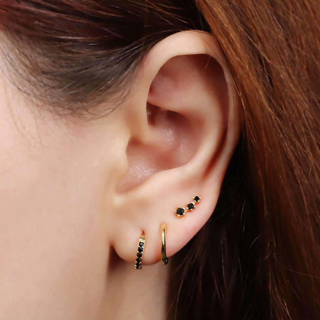 Dainty Gold Black Stone Huggie Hoop Earrings Set, Sterling Silver ...