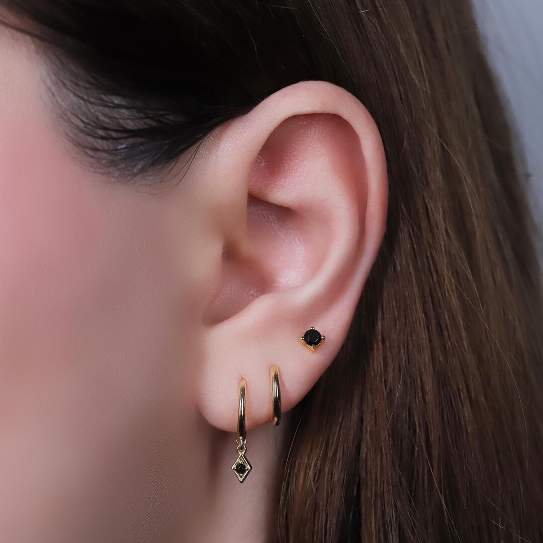 Sterling Silver Tiny Dangle Black Onyx Charm Huggie Droop Hoop Earrings ...