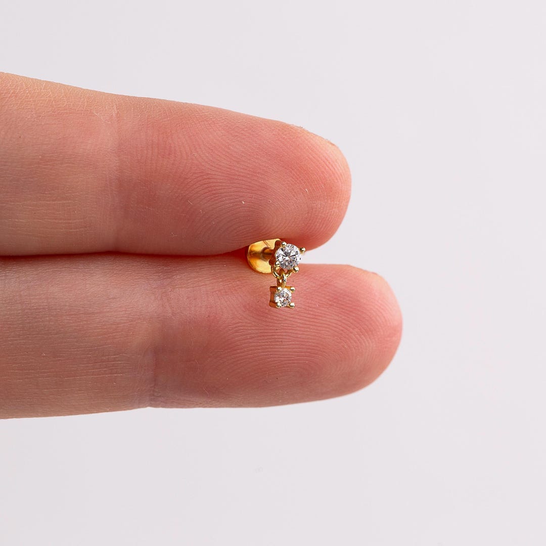 18G CZ Dangle Threadless Push Pin Labret Flat Back Stud Earring ...