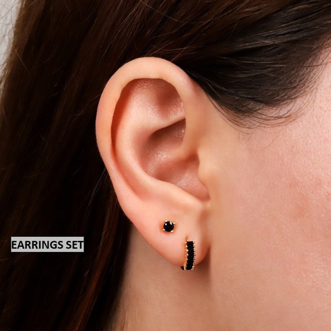 Gold Black Onyx Huggie Hoop & Stud Earrings Set, Sterling Silver ...