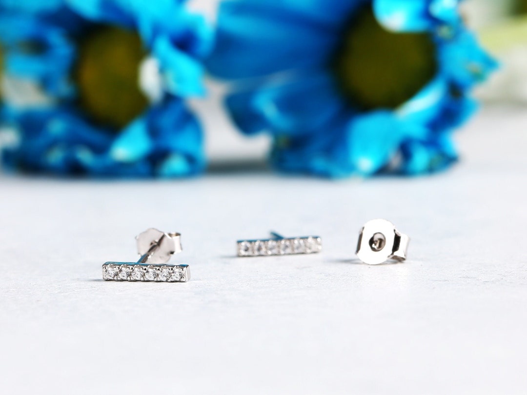 Tiny Pave Bar Stud Earrings, Sterling Silver Diamond Bar Stud Earrings, Gold CZ Petite Bar Stud ...