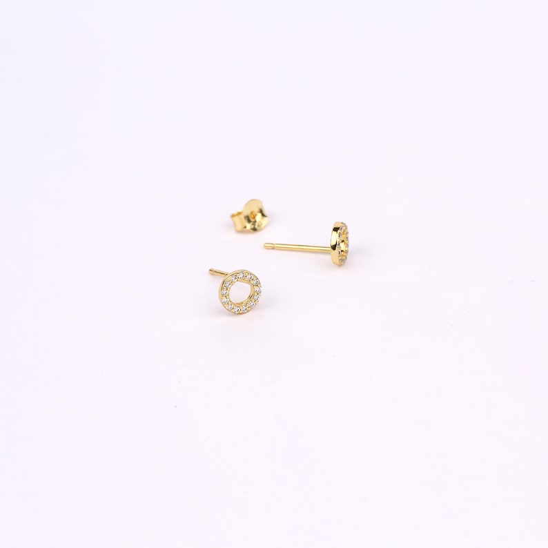 Tiny Gold CZ Diamond Open Circle Stud Earrings, Sterling Silver Small ...