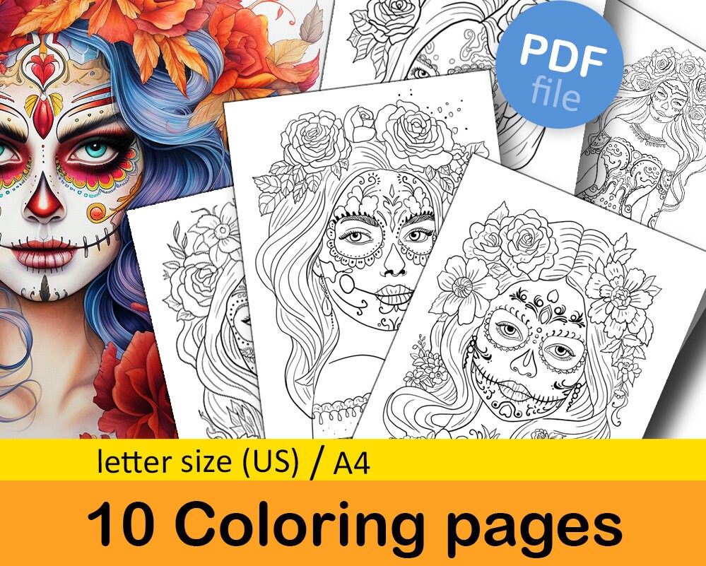 Calavera Girls Coloring Page Printable Mexican Folk Art Decor Halloween ...