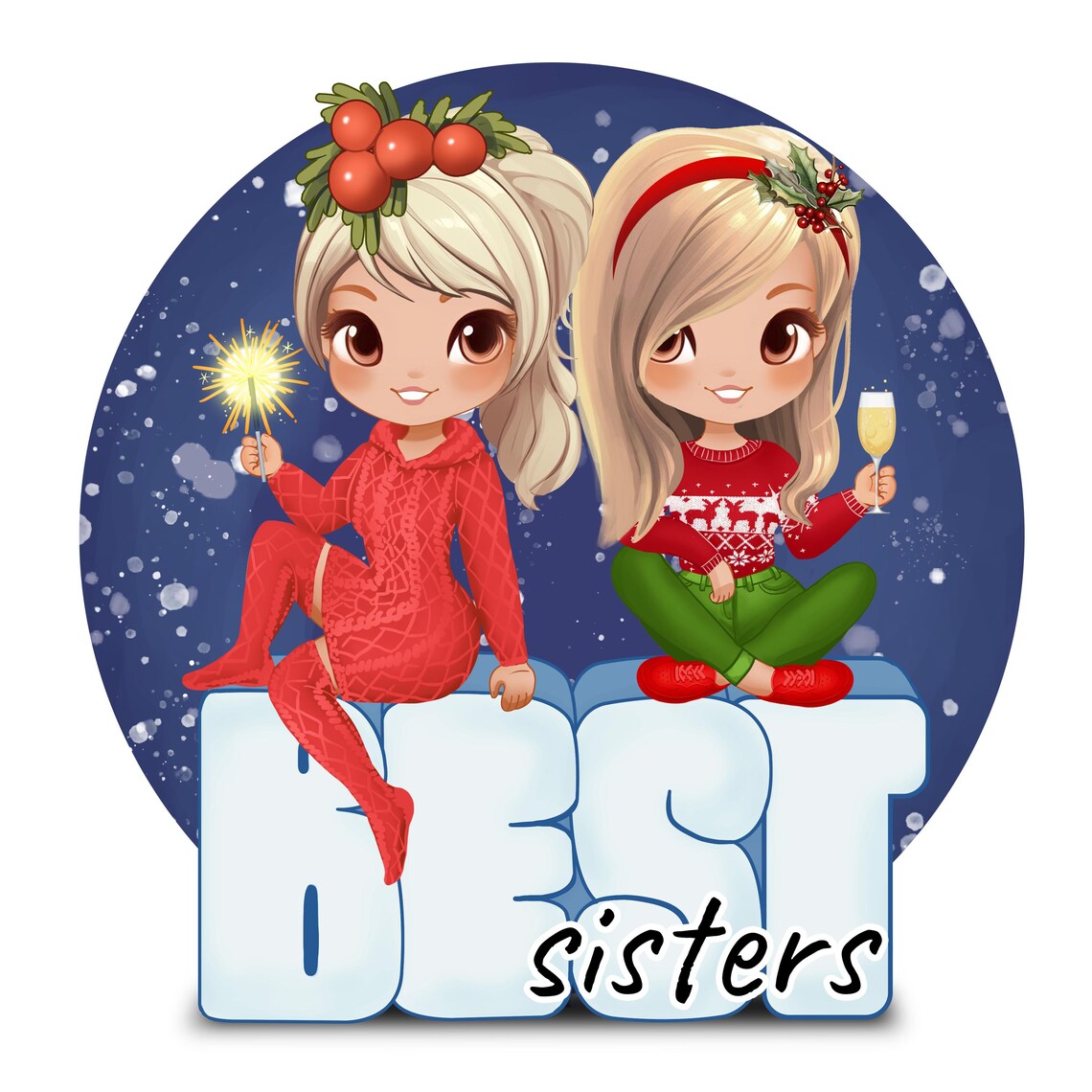 Best Friends Christmas Clipart, Sisters Clip Art, Girls Set, Chibi ...