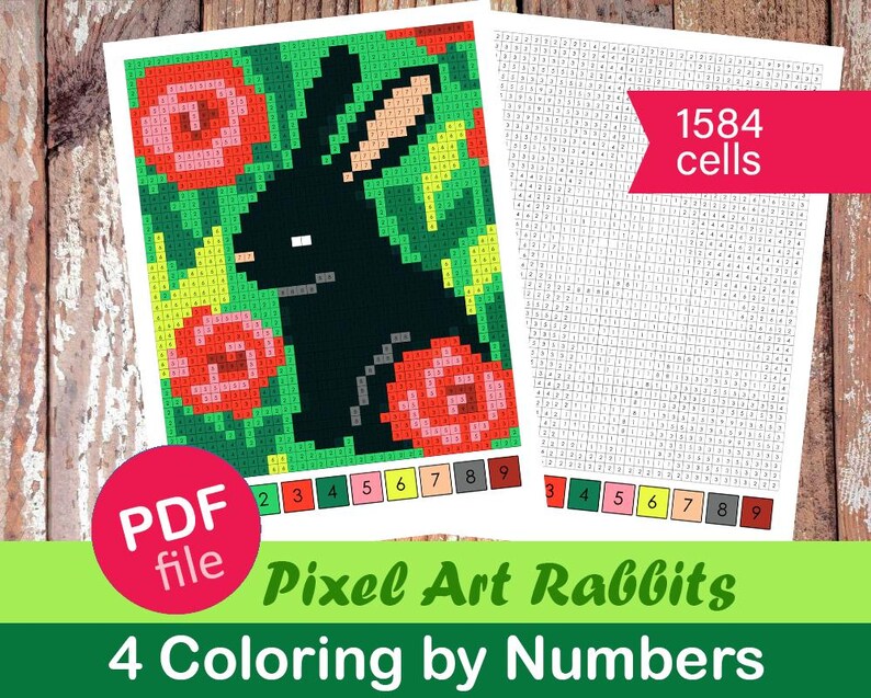 Pixel Art Color by Number - Bunnies | Printable PDF | Cute Hares Pixel ...