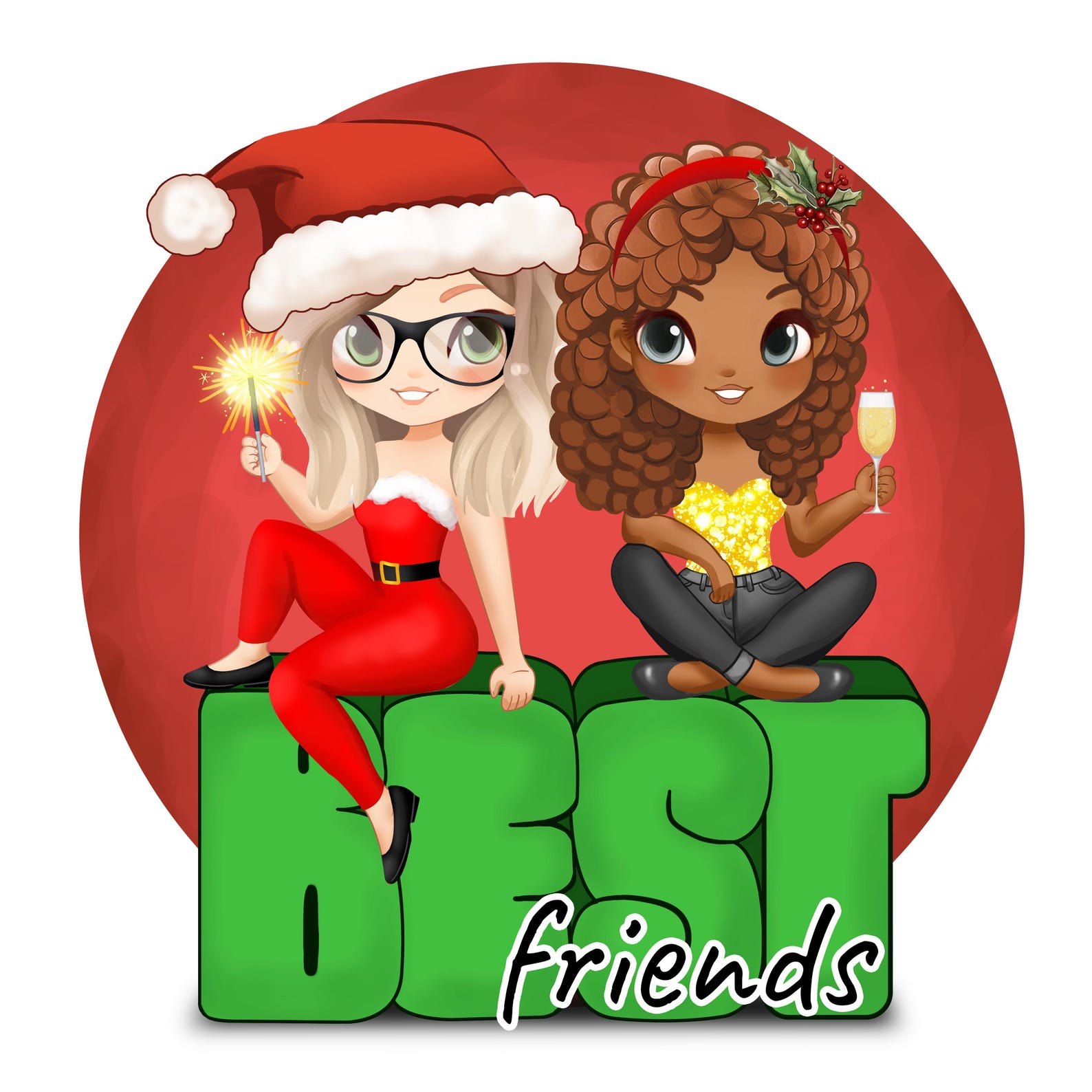 Best Friends Christmas Clipart, Sisters Clip Art, Girls Set, Chibi ...