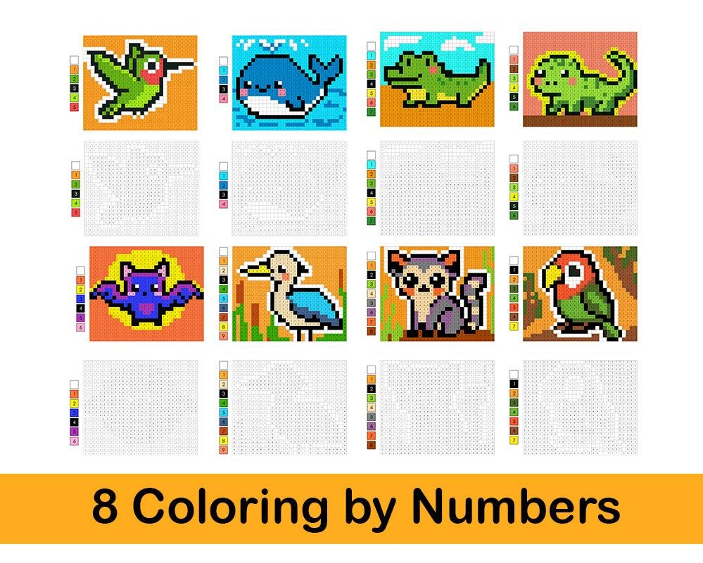 Animal Pixel Art Coloring Pages | Kids Color by Number Kawaii Style ...