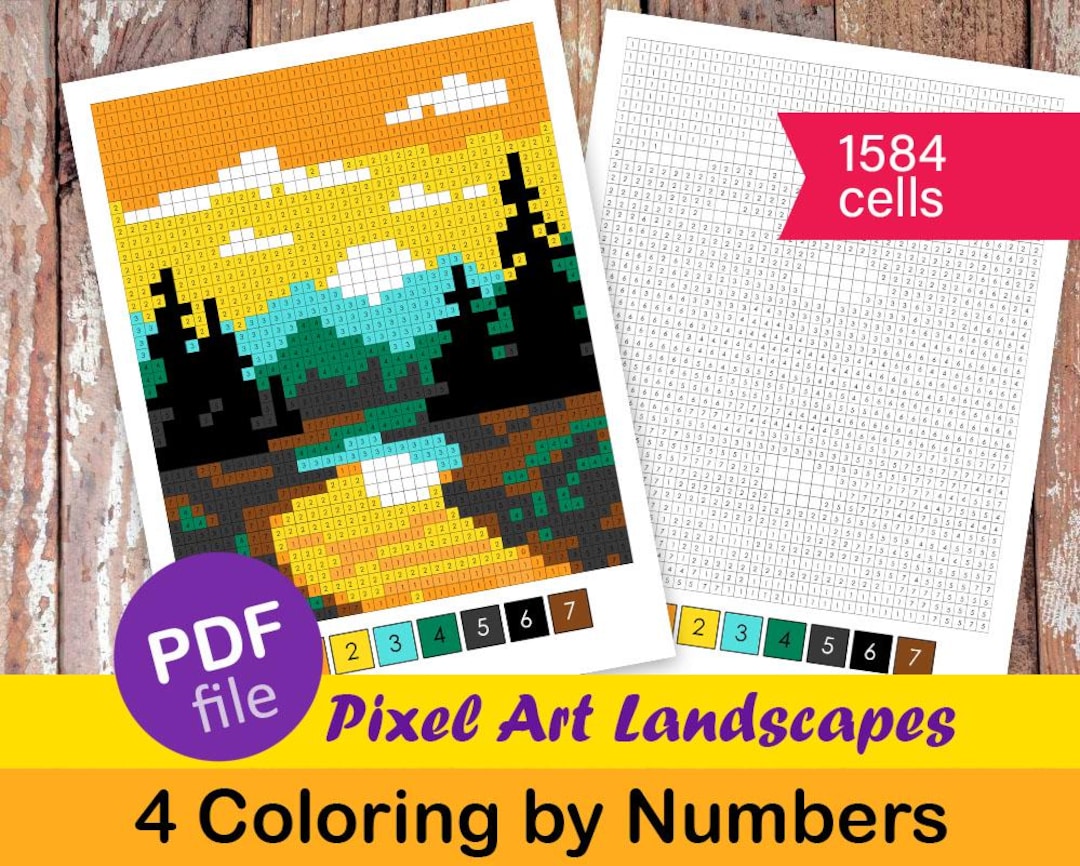Pixel Art Coloring by Numbers – Landscapes | Mountains, Sunset, Sakura ...