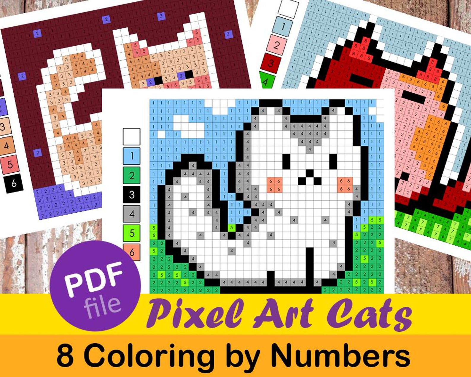 Cute Cats Pixel Art | Coloring by Numbers | Printable & Digital ...